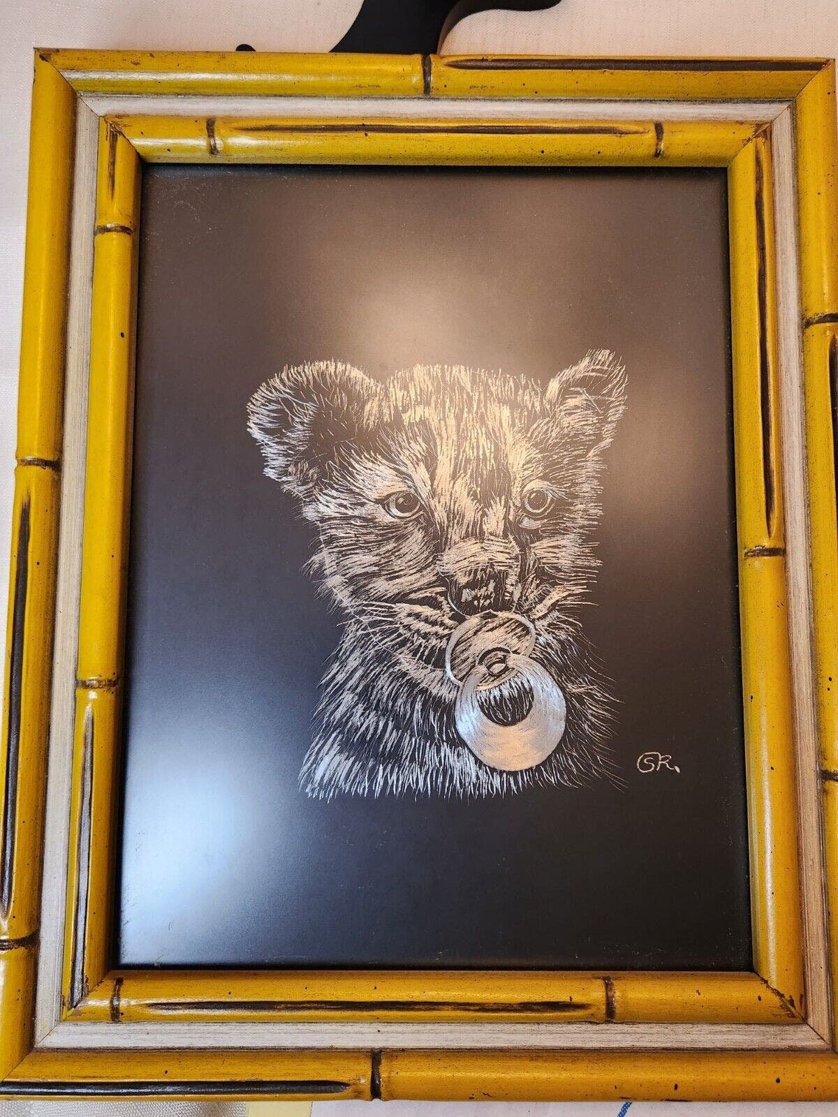 Adorable Vintage Scratchboard Art Lion Tiger Cub With Pacifier Framed ...