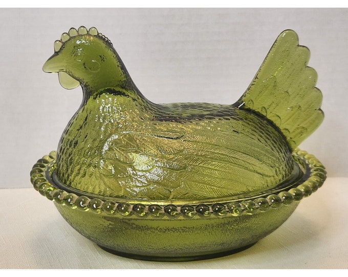 Vintage Indiana Glass Avocado Green Hen on Nest Beaded Candy Trinket ...