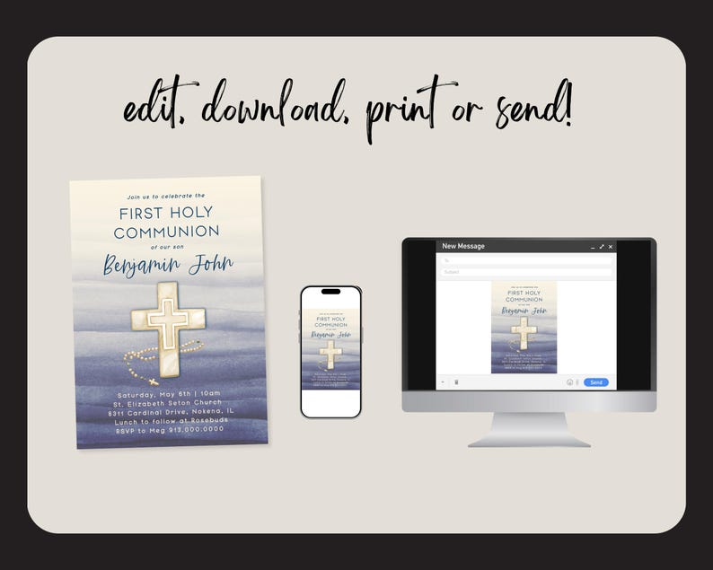 Blue Beige First Holy Communion Boy Editable Invitation Template ...