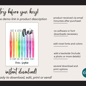 1st Day of School Teacher Gift Tag Printable Flair Pen Back to School ...