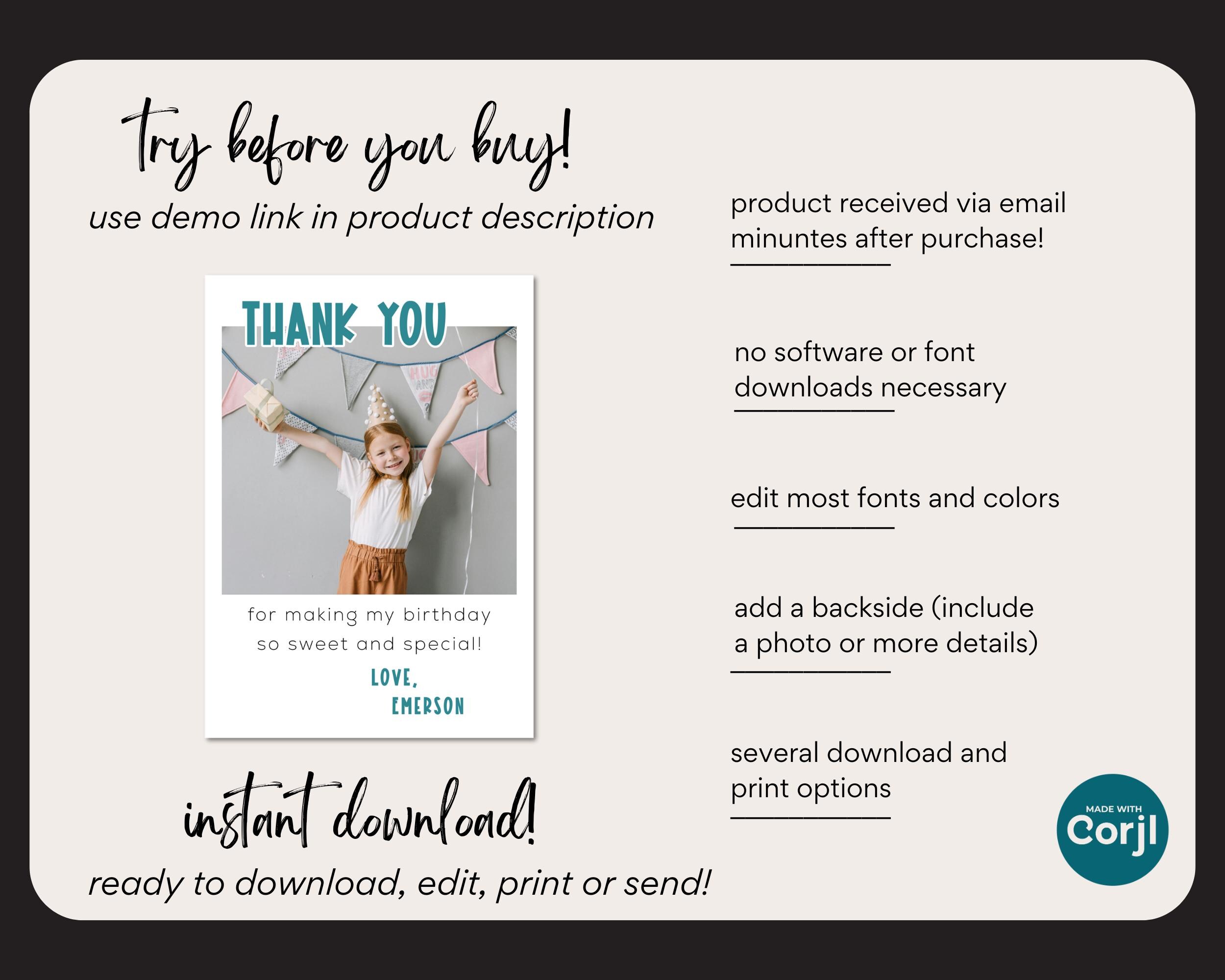 Photo Thank You Card Textable Printable Template Birthday Thank You ...