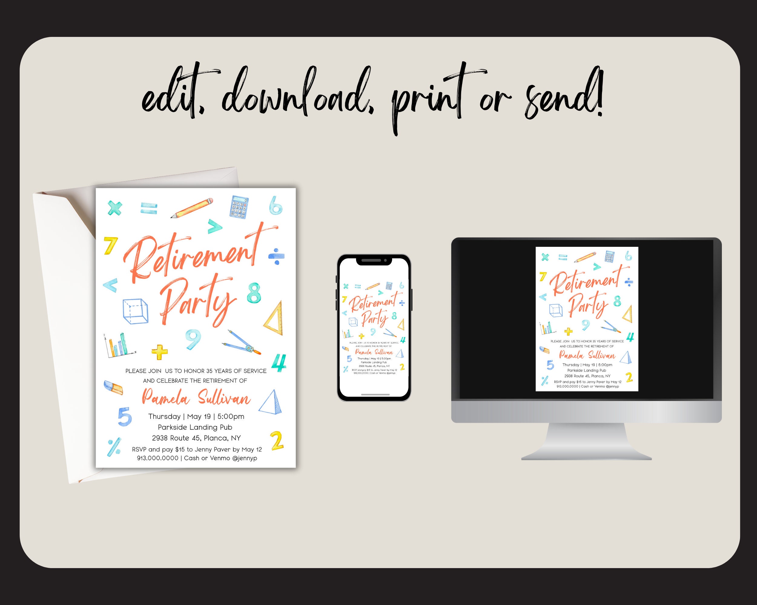 Math Teacher Retirement Invitation Template, Printable Digital Math ...