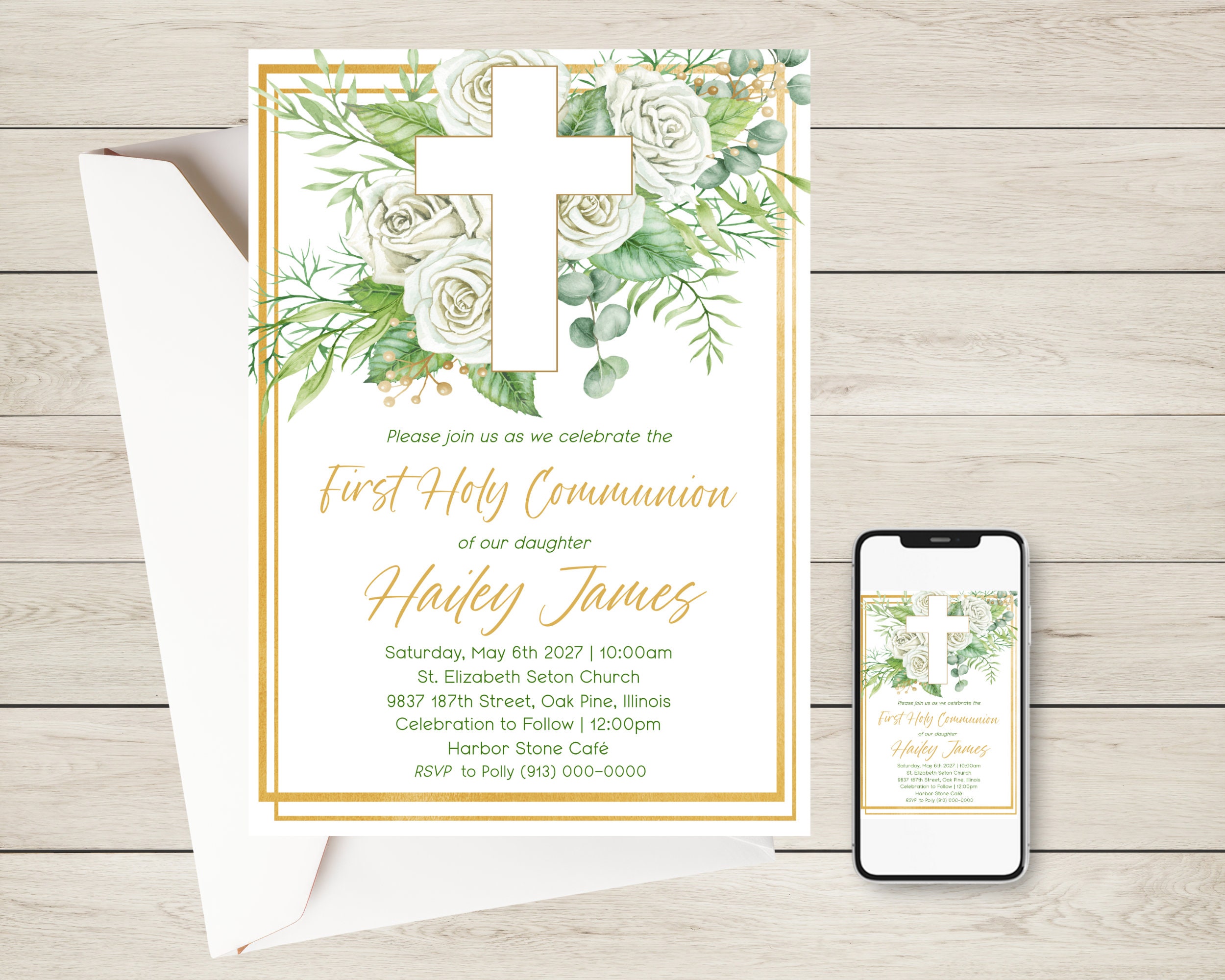 First Holy Communion Printable Invitation Template, Green Ivory Gold ...