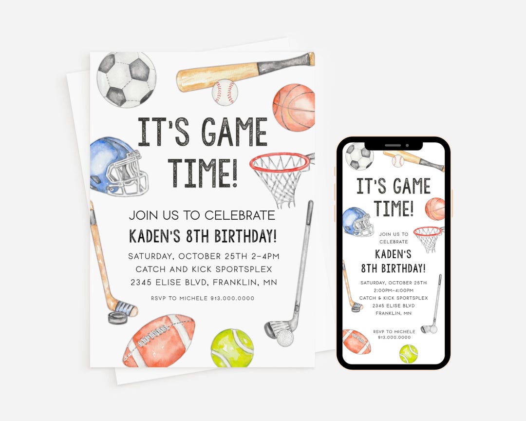 Sports Birthday Party Invite, Printable and Phone Version, Sports Theme ...