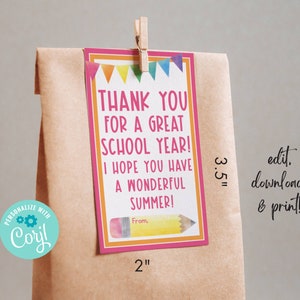 Thank You Teacher End of Year Gift Tag Printable Template School Staff ...