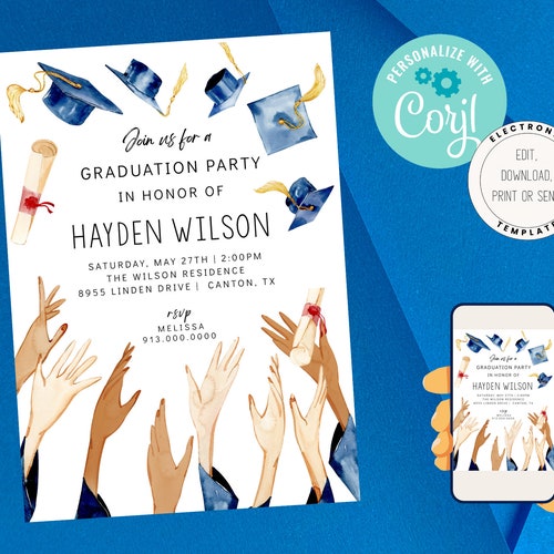 Editable Graduation Party Invitation Blue & Gold Invitation - Etsy