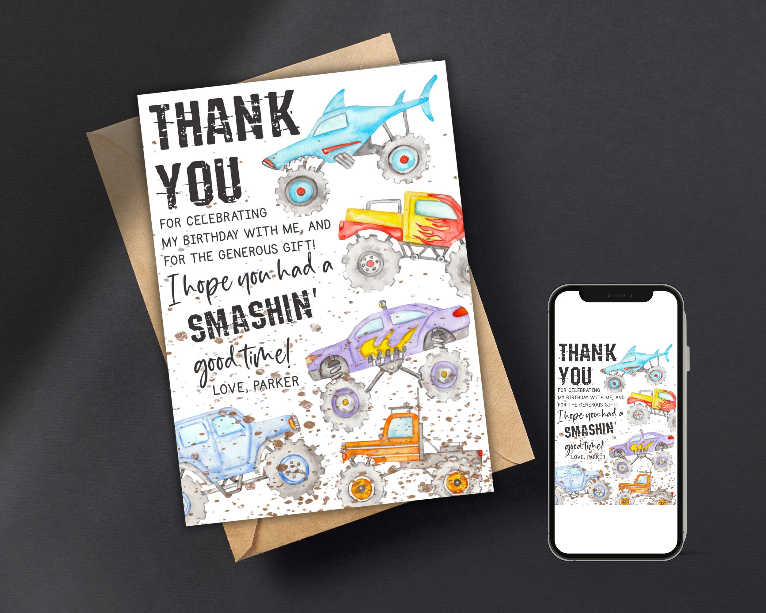 Birthday Thank You Monster Truck Party Thank You Printable Template ...