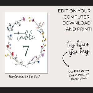 Wildflower Floral Table Number Printable Template Wedding Bridal Baby ...