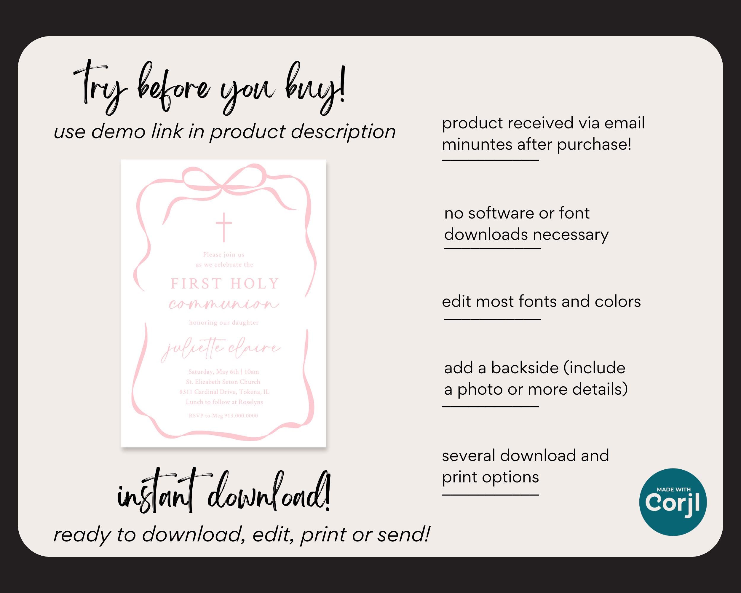 Pink Bow First Holy Communion Invitation Printable Template, Coquette ...