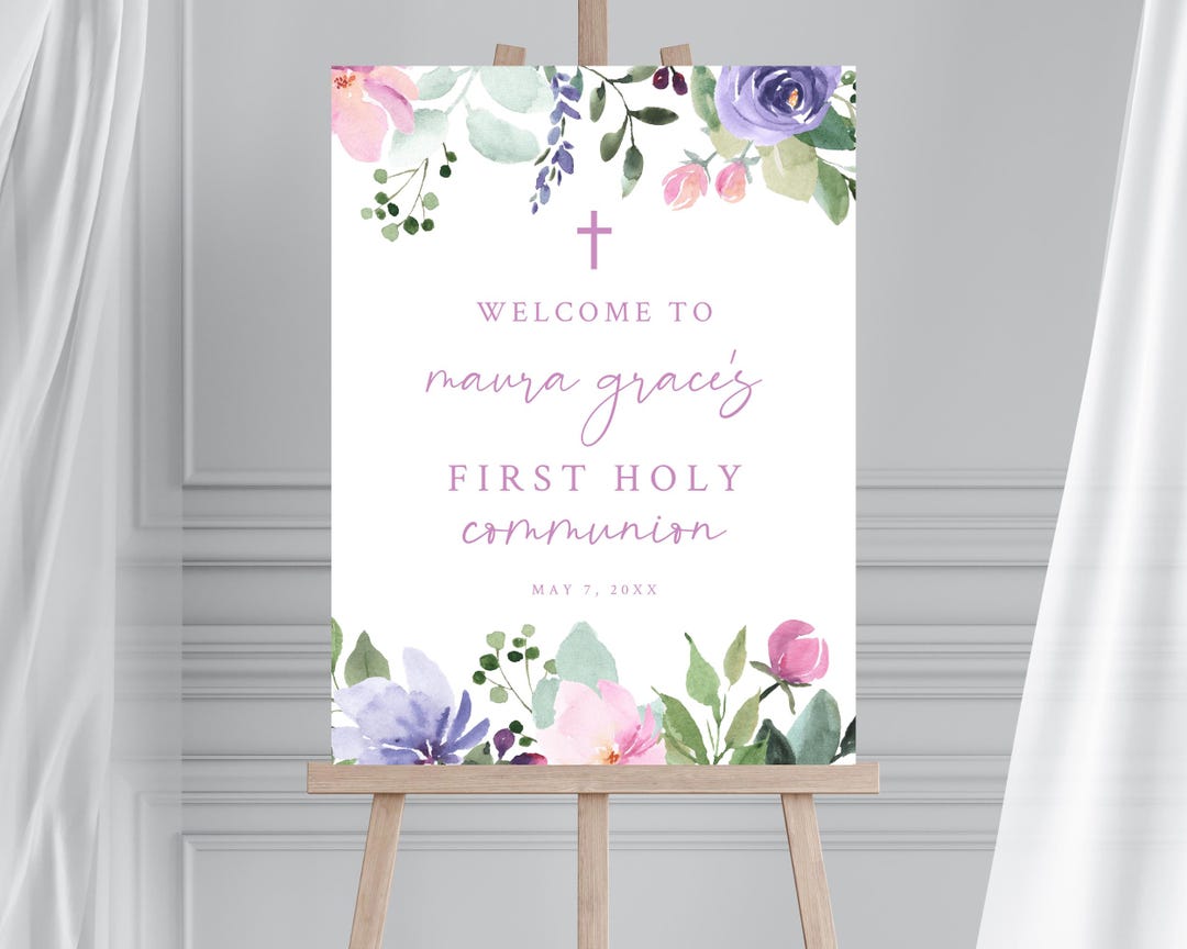 Floral First Holy Communion Welcome Sign: Pink Purple Decor (digital ...
