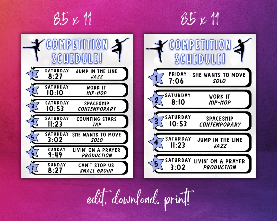 Dance Competition Printable Schedule Template, Editable Dance ...