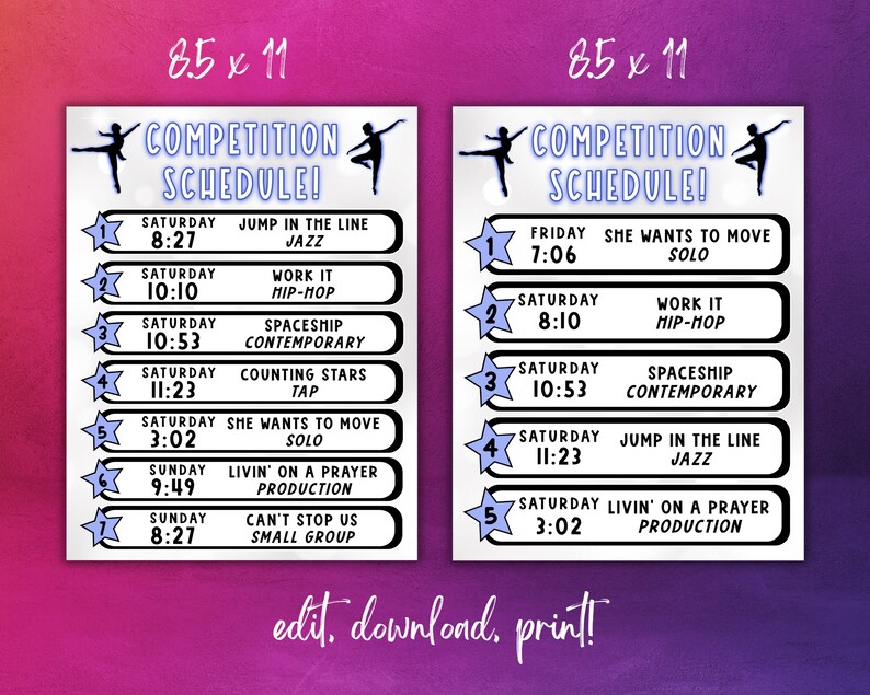 Dance Competition Printable Schedule Template, Editable Dance ...