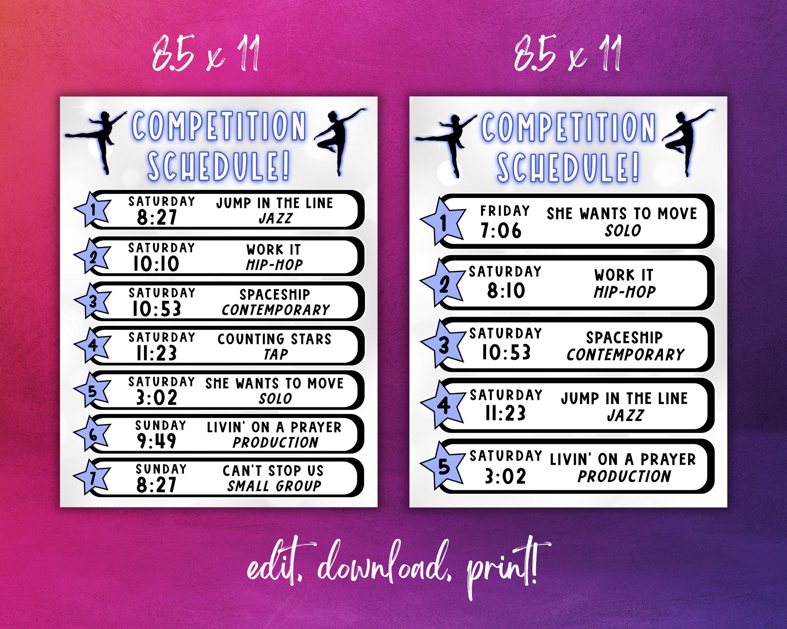 Dance Competition Printable Schedule Template, Editable Dance ...
