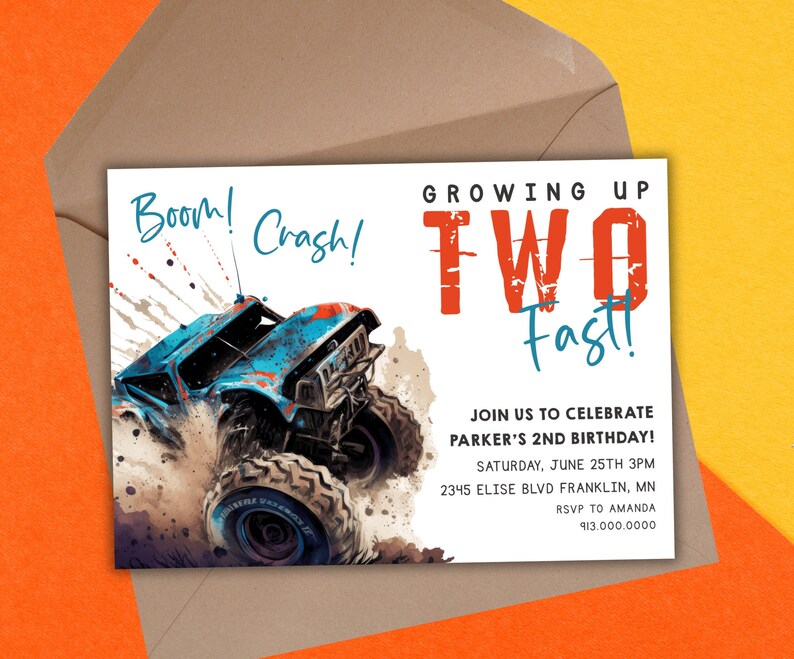 Monster Truck Birthday Party Invitation Printable Template, Editable ...