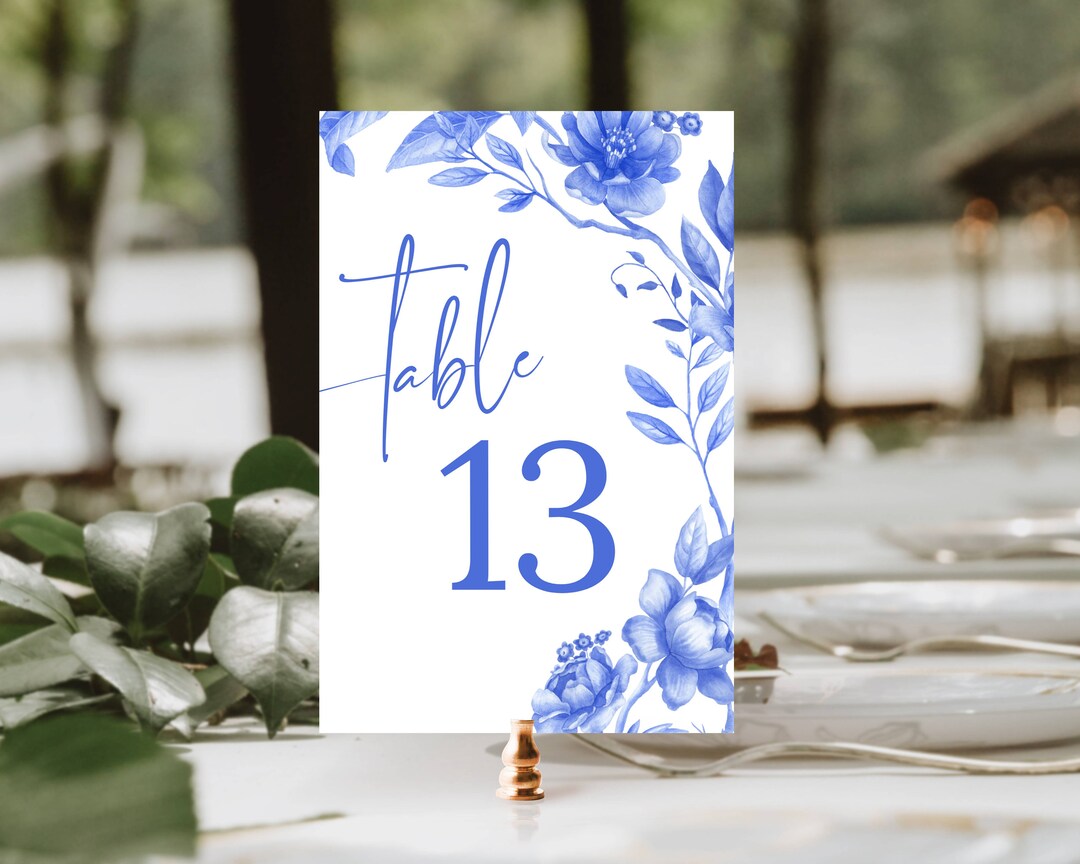 Blue Floral Chinoiserie Table Number Printable Template Royal Blue ...