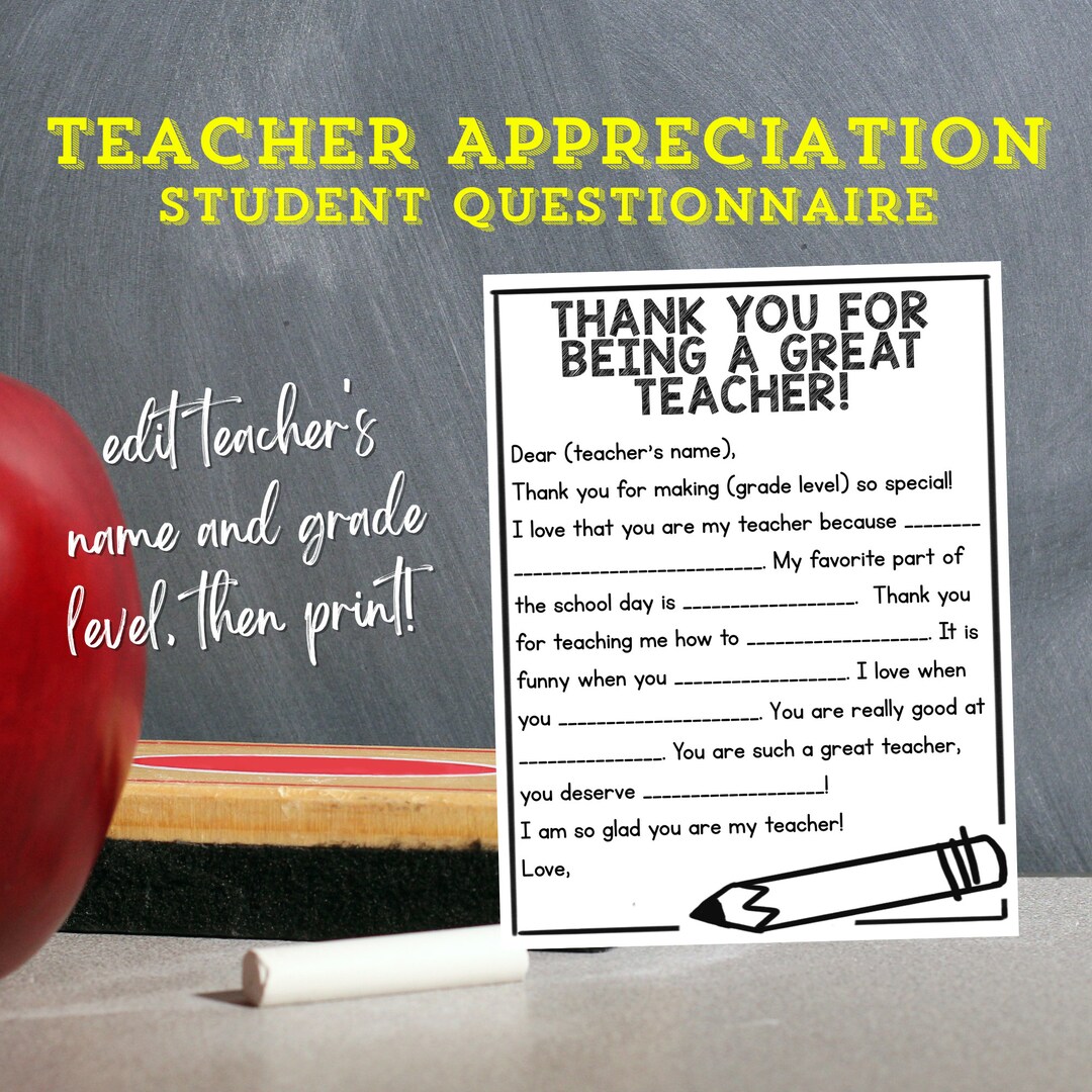 Teacher Appreciation Student Questionnaire, Instant Download, Editable ...