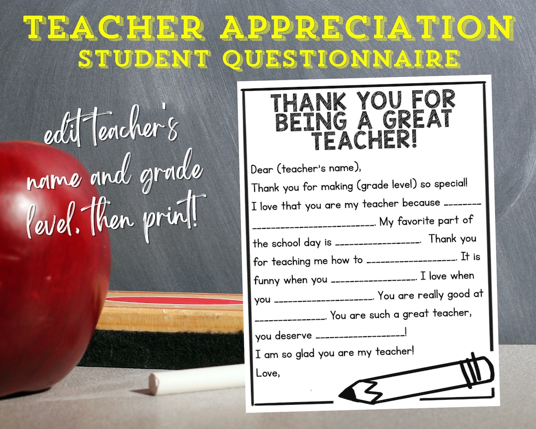 Teacher Appreciation Student Questionnaire Instant Download - Etsy