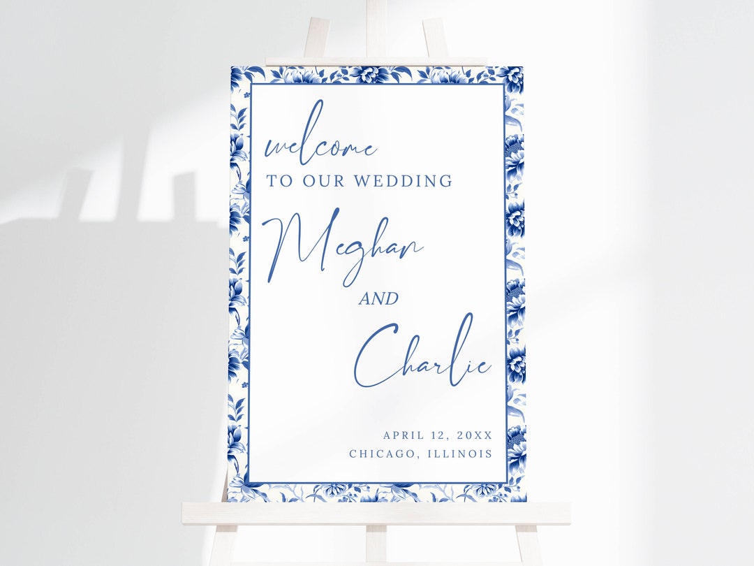 Blue Chinoiserie Floral Wedding Welcome Sign Printable Template, Royal ...