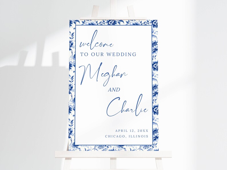 Blue Chinoiserie Floral Wedding Welcome Sign Printable Template, Royal ...