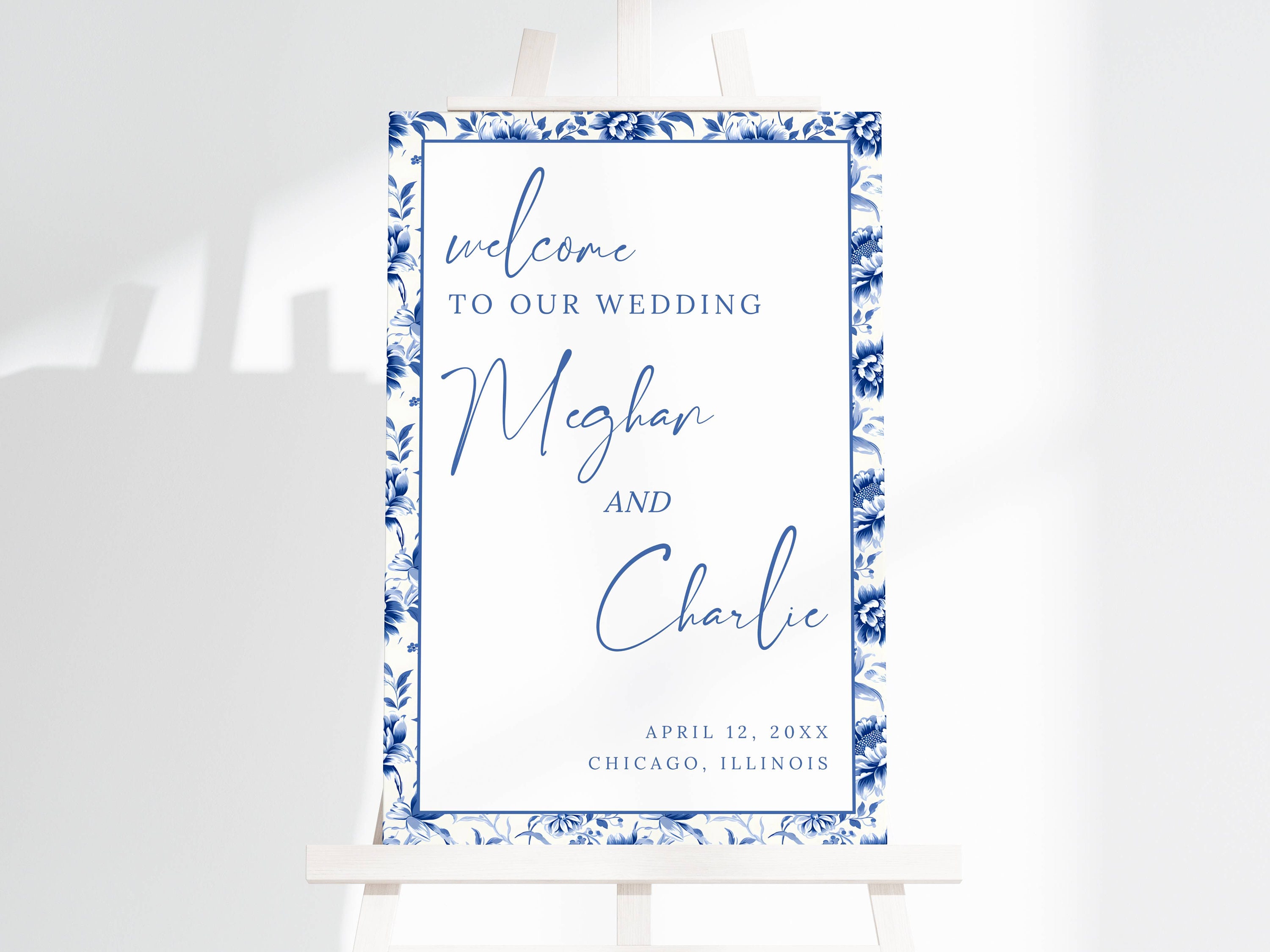 Blue Chinoiserie Floral Wedding Welcome Sign Printable Template, Royal ...