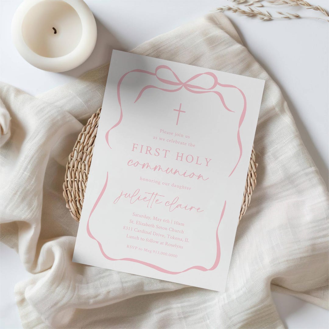 Pink Bow First Holy Communion Invitation Printable Template, Coquette ...