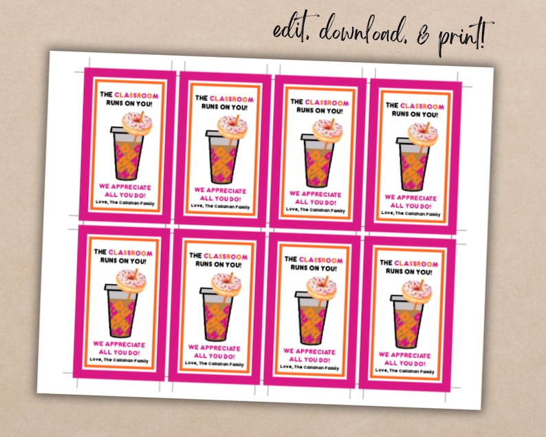 Teacher Appreciation Gift Tag Dunkin' Donuts Printable Template ...
