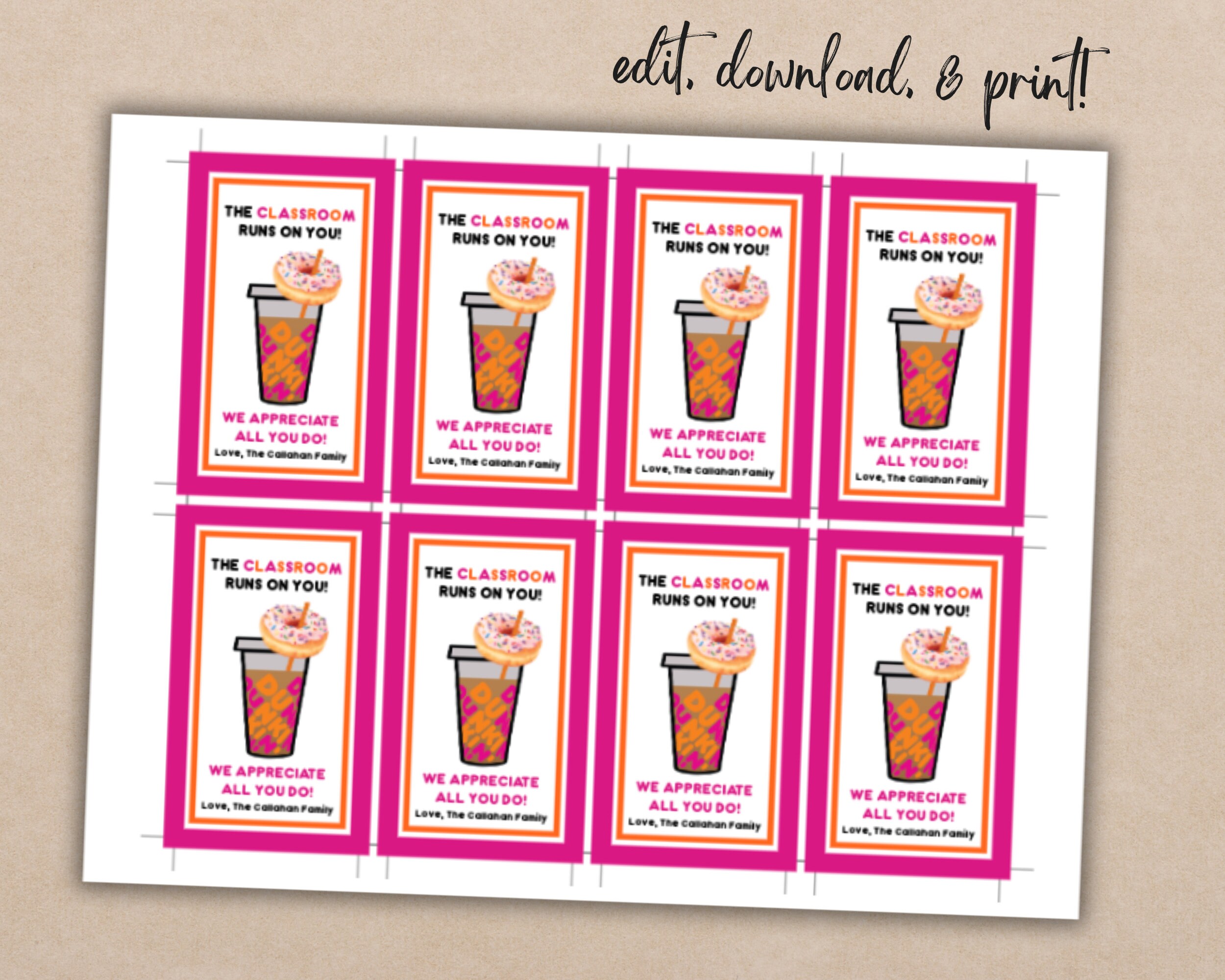Teacher Appreciation Gift Tag Dunkin' Donuts Printable Template ...