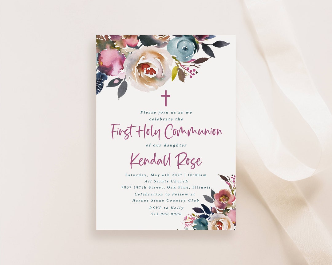 First Holy Communion Printable Invitation Template, Modern Floral ...