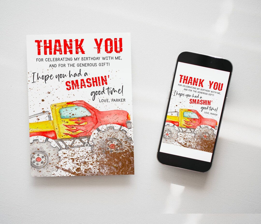 Monster Truck Birthday Thank You Card Red Monster Truck Monster Jam ...