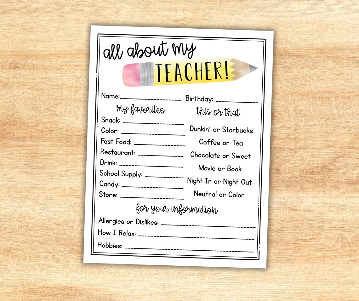 Teacher Favorite Things Questionnaire: All About My Teacher Survey ...