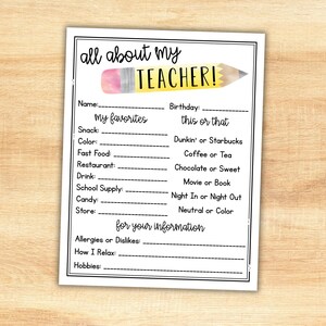 Teacher Favorite Things Questionnaire: All About My Teacher Survey ...