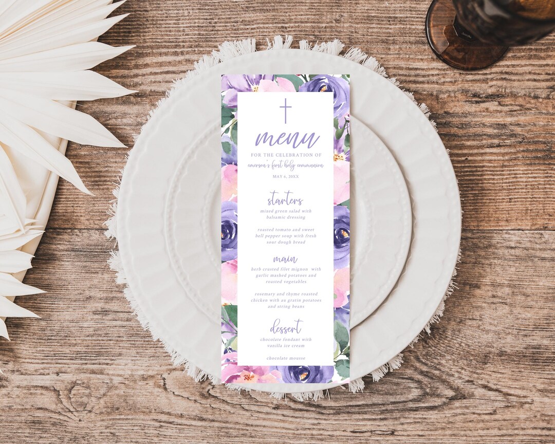First Communion Menu Card Template, Purple Pink Green Floral Modern ...