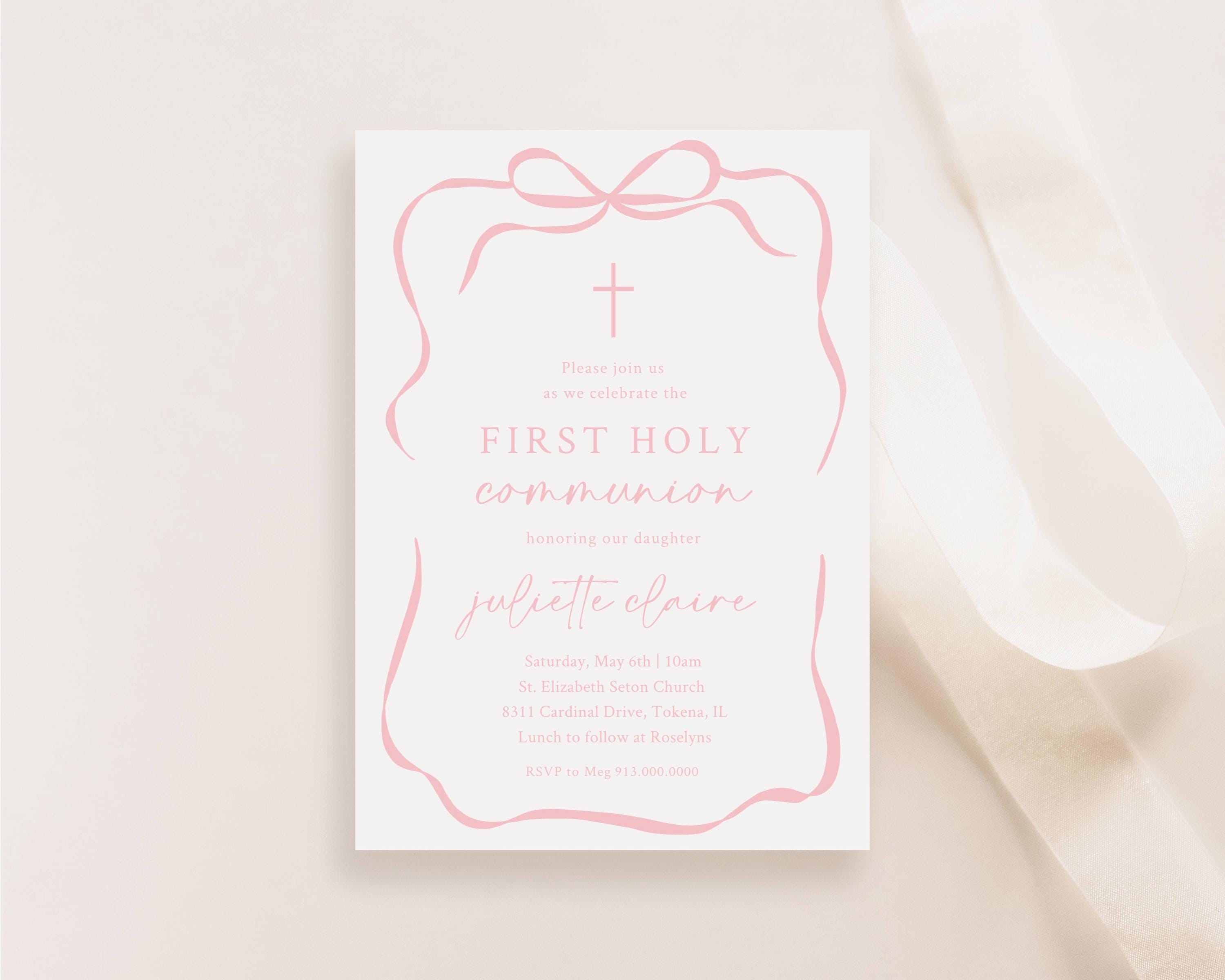 Pink Bow First Holy Communion Invitation Printable Template, Coquette ...