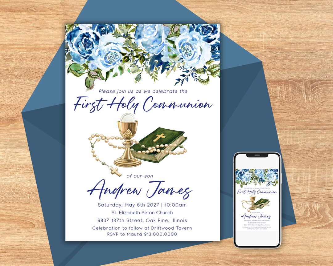 First Holy Communion Boy Printable Invitation Template, Blue Green ...