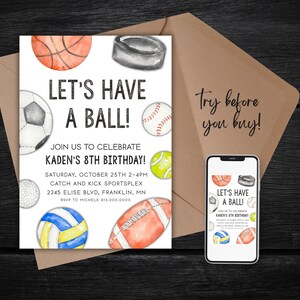 Sports Balls Birthday Party Invitation Sports Birthday Invitation ...