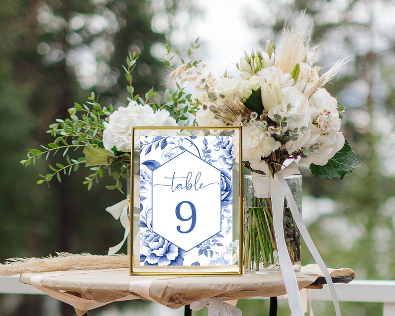 Blue Floral Chinoiserie Table Number Printable Template Vintage Blue ...