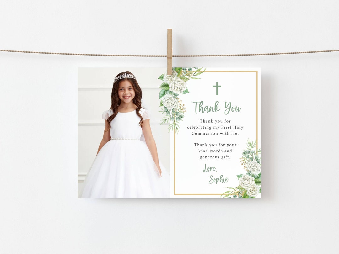 Communion Photo Thank You Card Green Gold Floral Printable Template ...