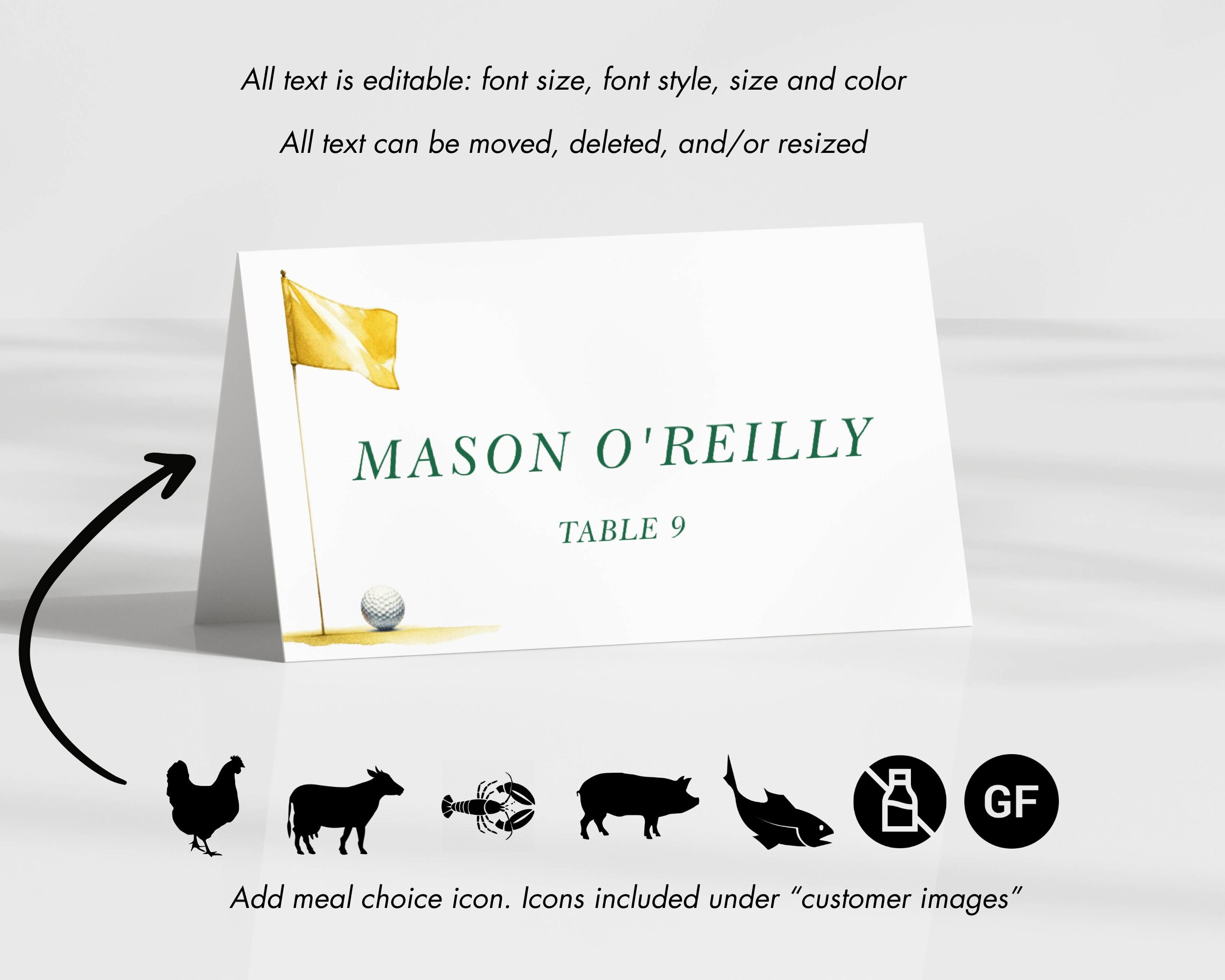 Masters Golf Place Cards Printable Template Golf Theme Flat and Tented ...