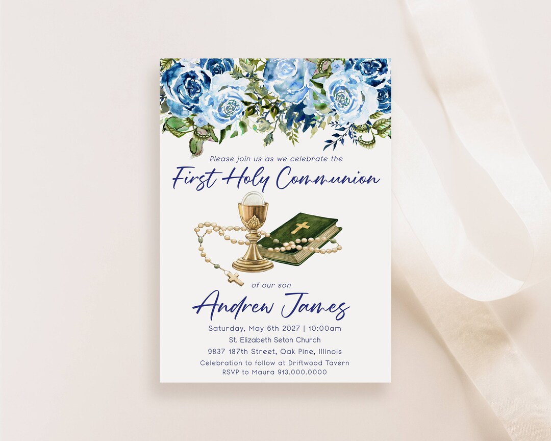 First Holy Communion Boy Printable Invitation Template, Blue Green ...