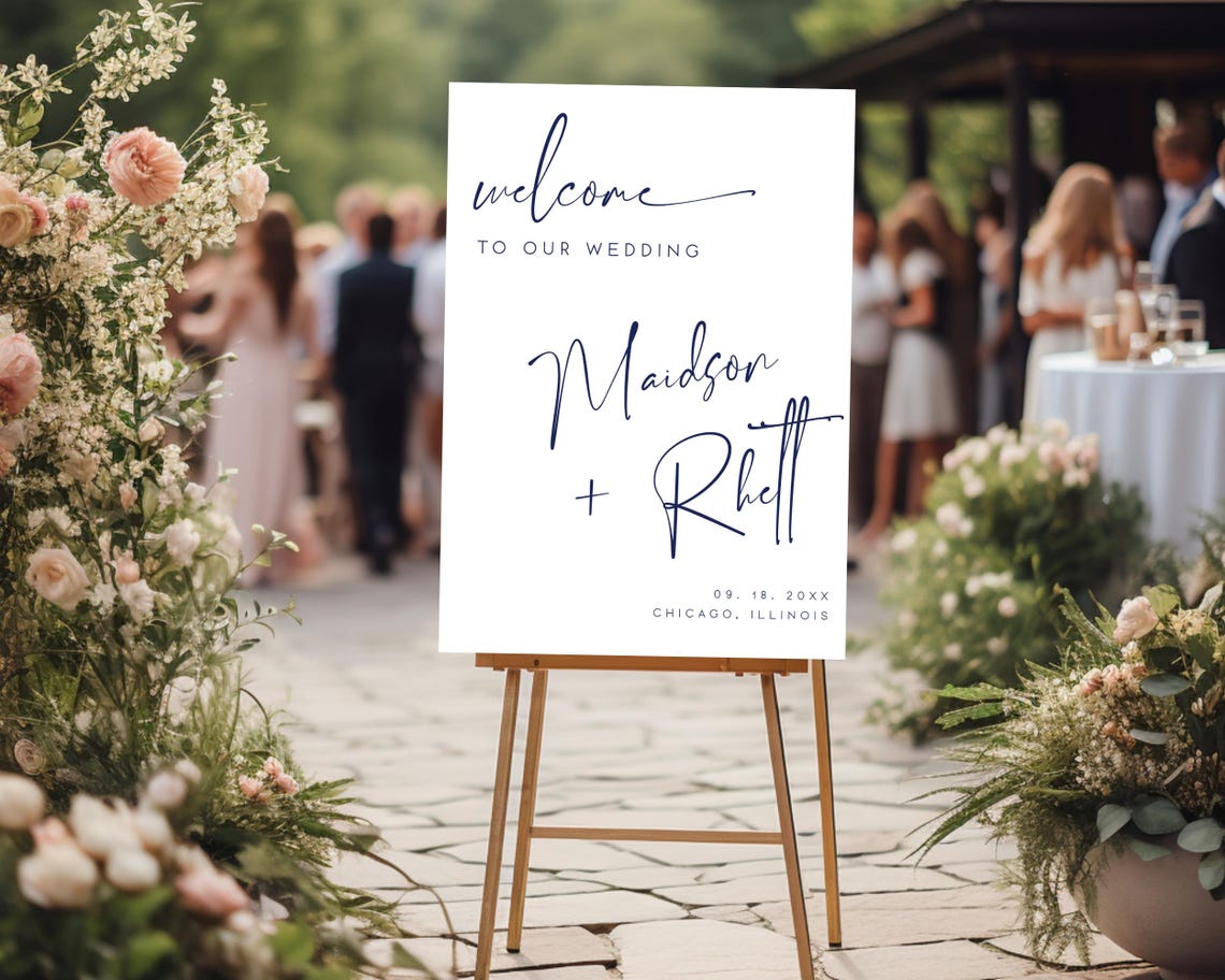 Modern Wedding Welcome Sign Navy Blue Modern Minimalist Wedding Welcome ...