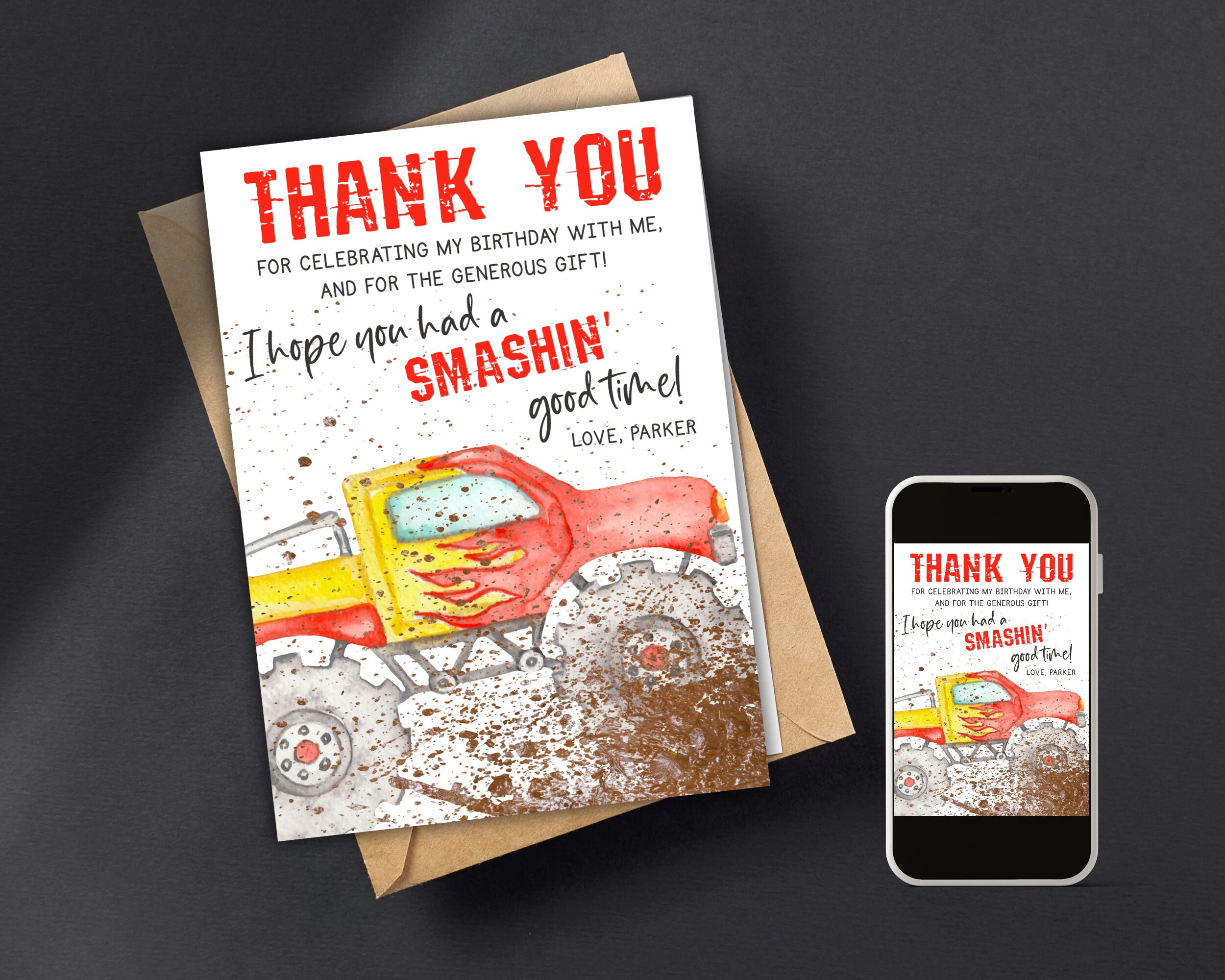 Monster Truck Birthday Thank You Card Printable Template Monster Truck ...