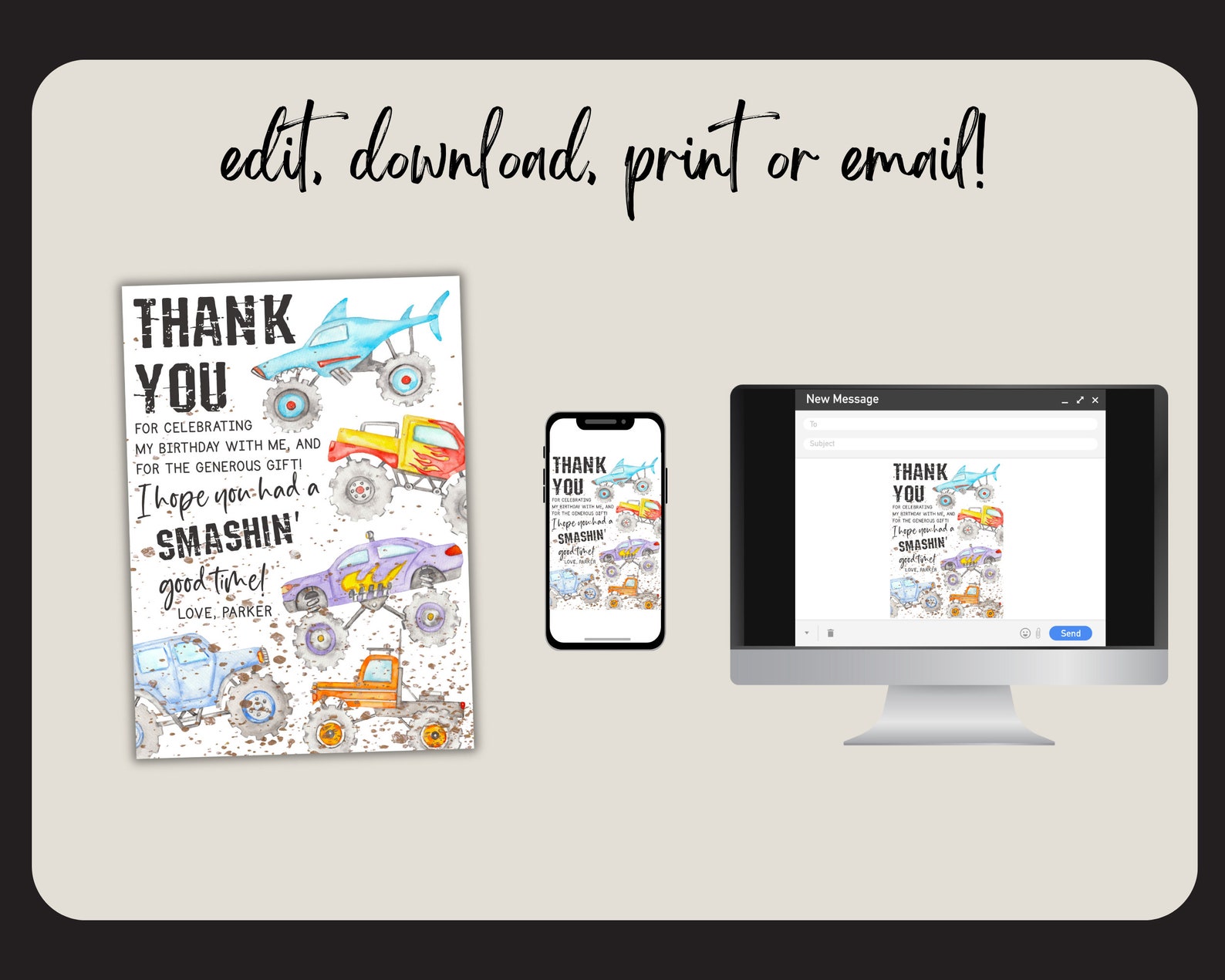 Birthday Thank You Monster Truck Party Thank You Printable Template ...