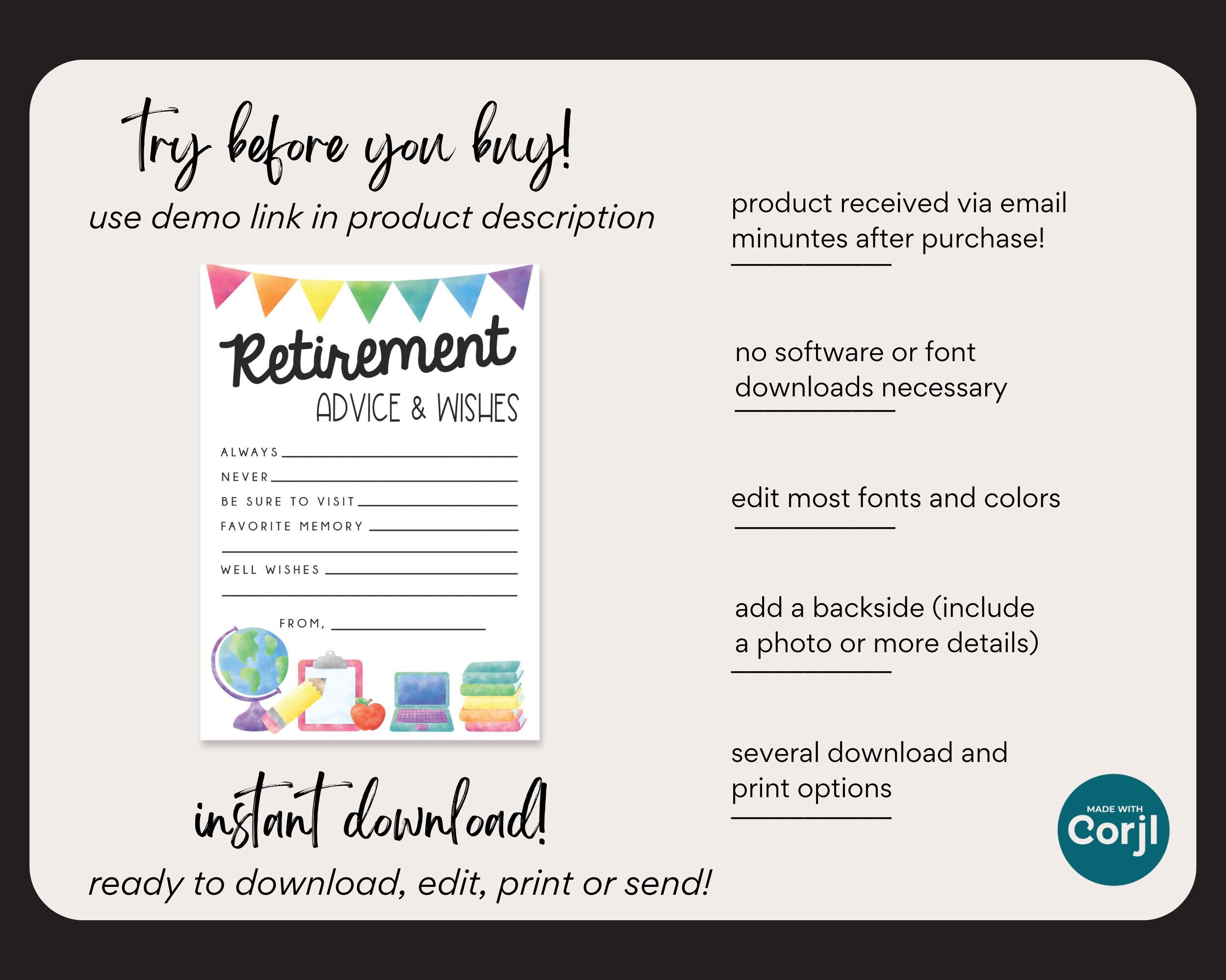 Retirement Advice Cards, Teacher Retirement Printable Template ...