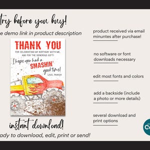 Monster Truck Birthday Thank You Card Red Monster Truck Monster Jam ...