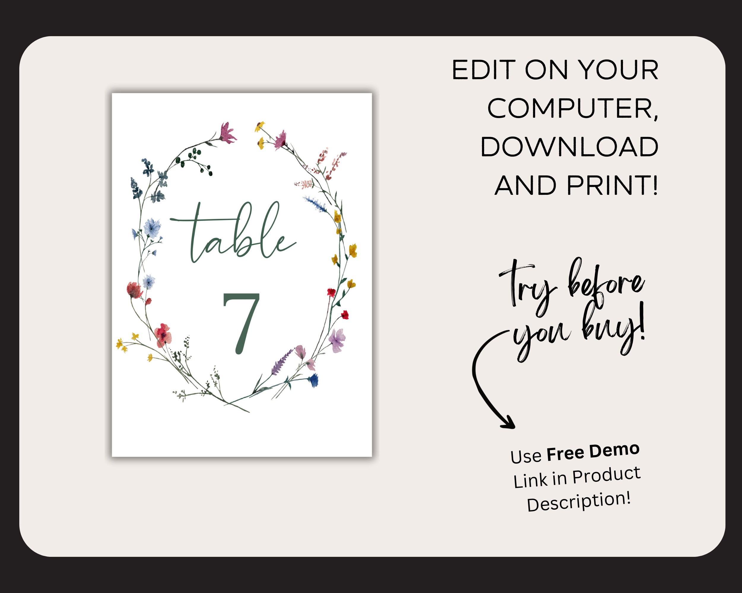 Wildflower Floral Table Number Printable Template Wedding Bridal Baby ...