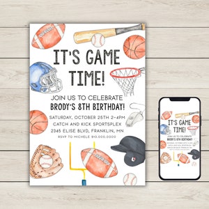 Sports Birthday Invitation Baseball Basketball Football Printable ...