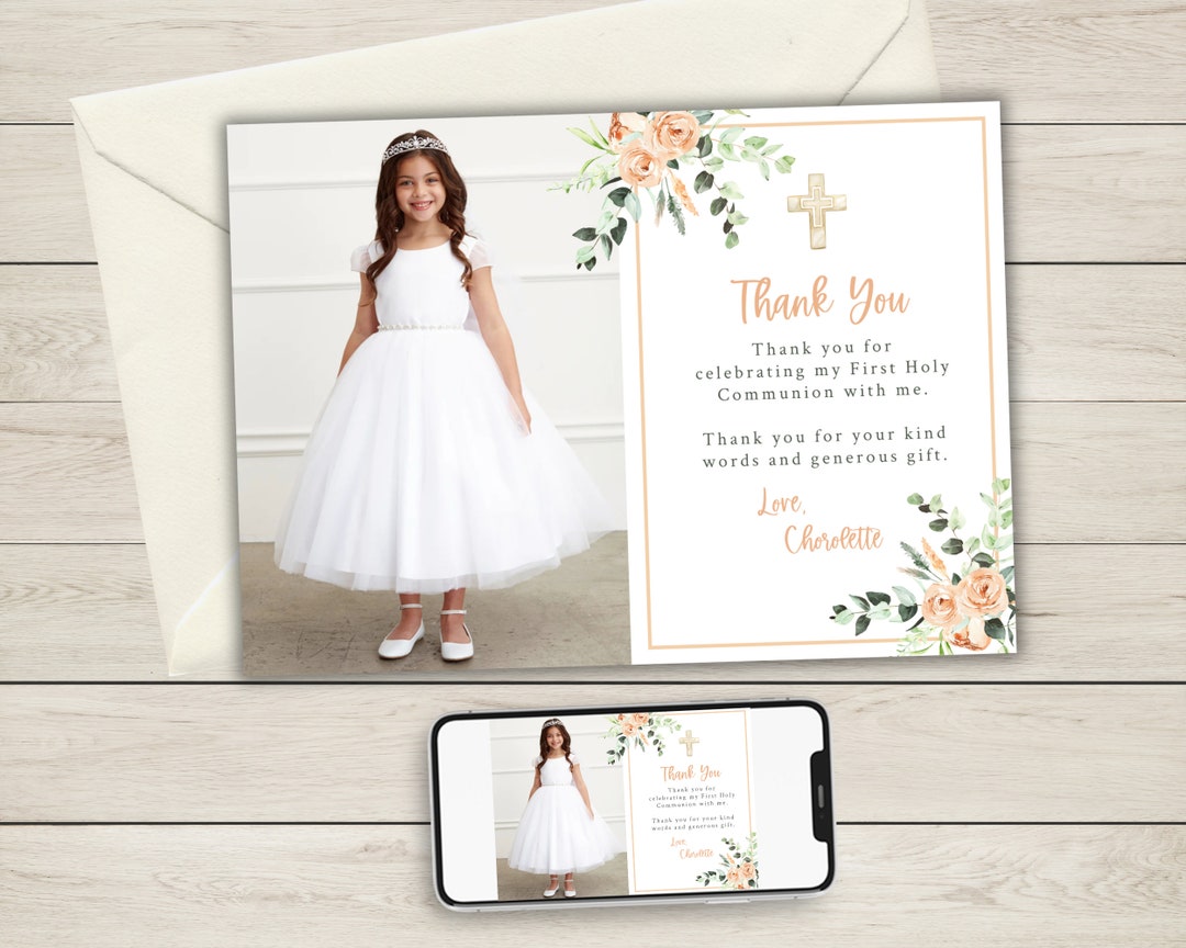 Blush Peach Floral Communion Thank You Card Template With Photo ...