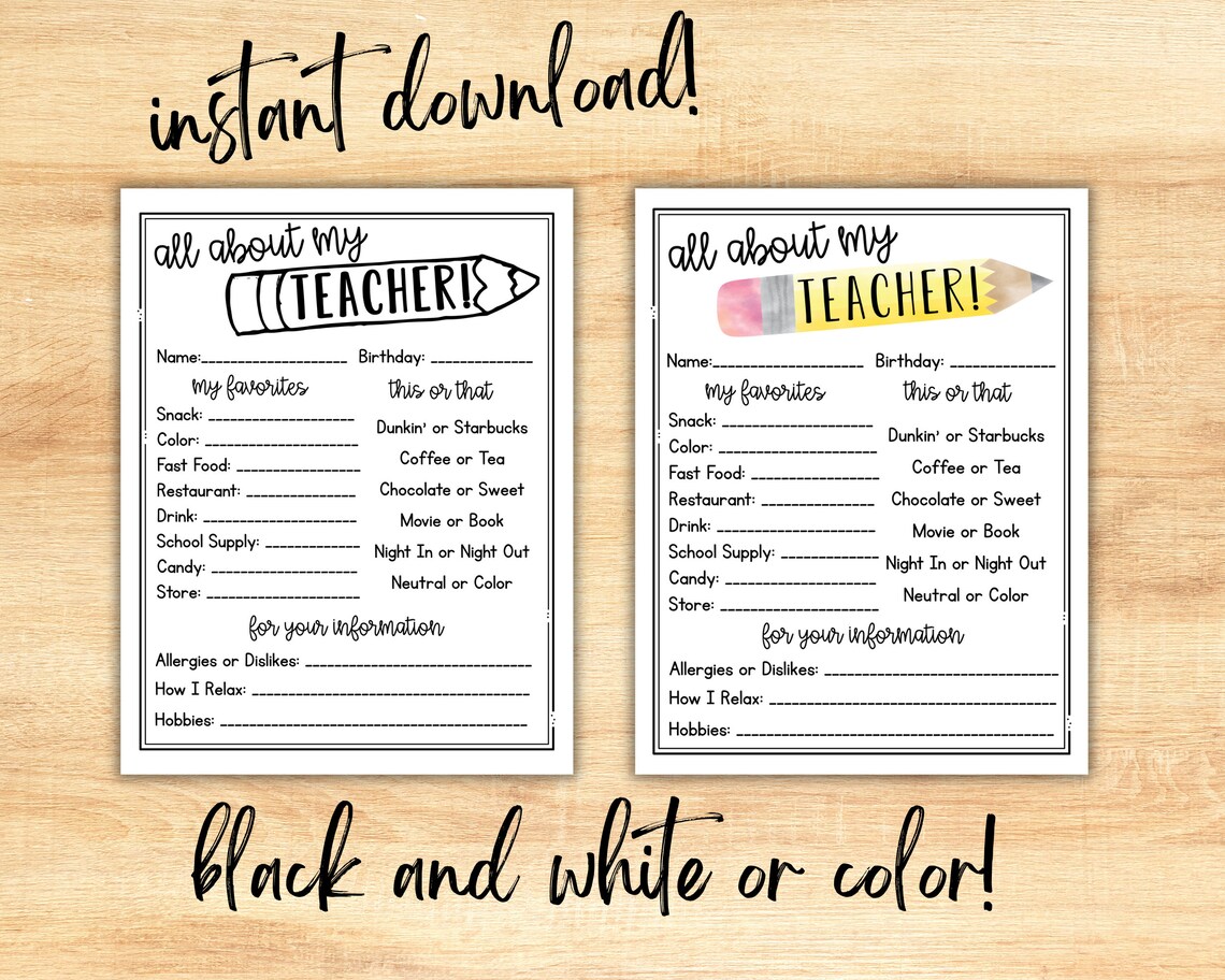 Teacher Favorite Things Questionnaire: All About My Teacher Survey ...
