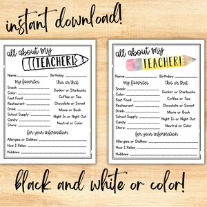 Teacher Favorite Things Questionnaire: All About My Teacher Survey ...