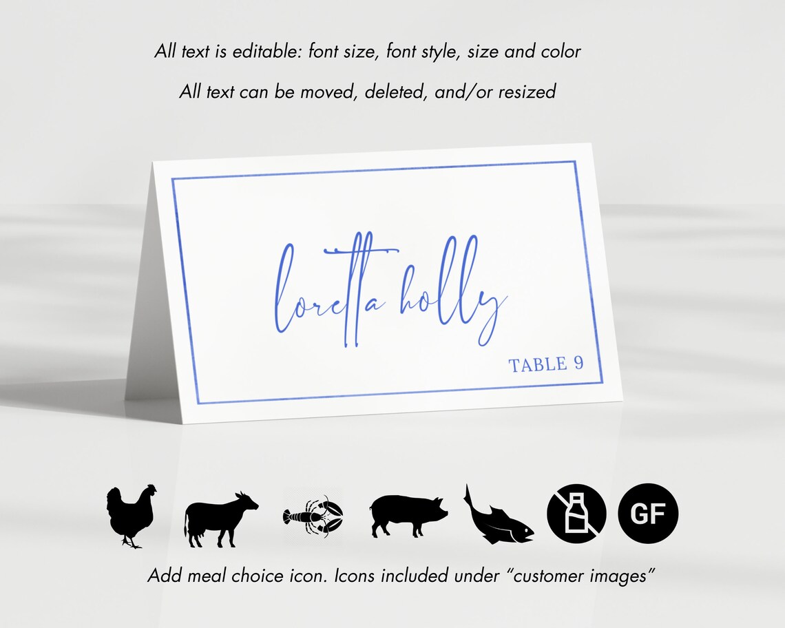 Blue Wedding Name Place Cards Printable Template Royal Blue Name Cards ...